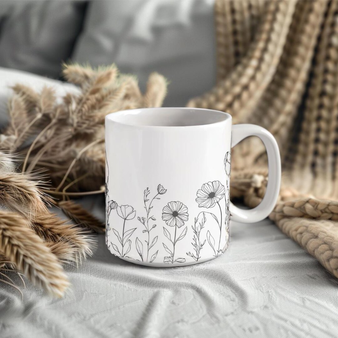 Minimalist Floral Mug Sketch Flowers Coffee Cup Line Art Mug Black and ...