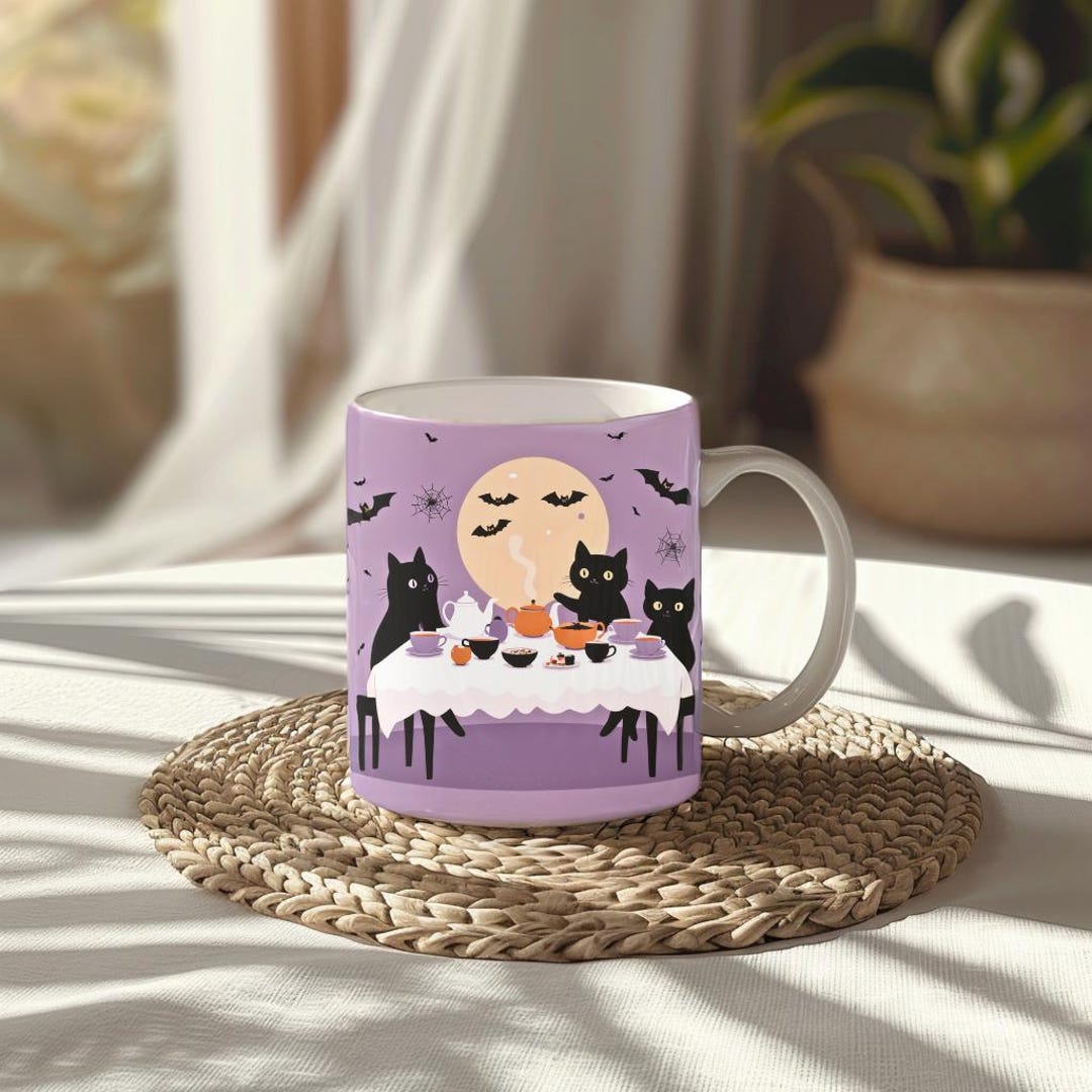 Halloween Cats Mug, Cozy Cat Design, Bats and Cats Coffee Cup, Spooky ...