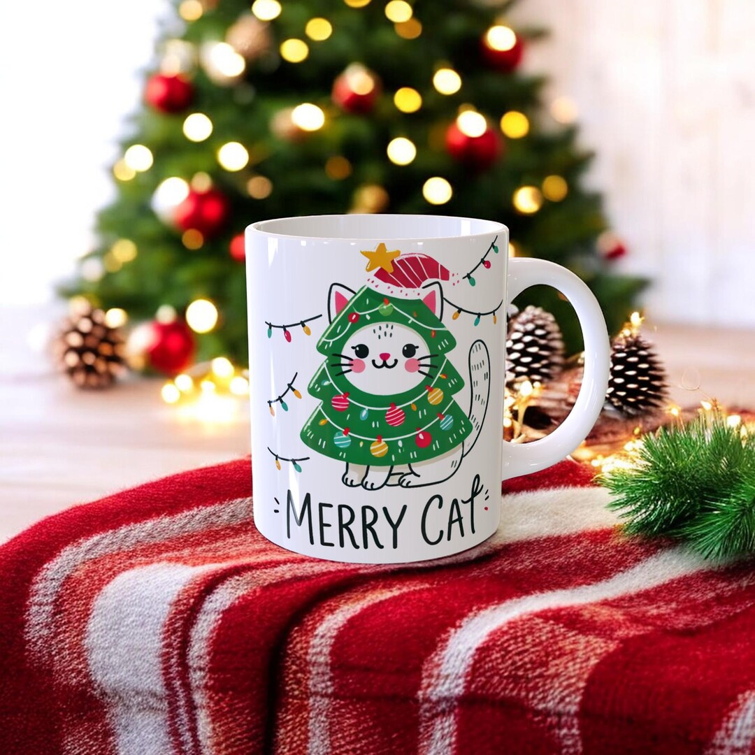 Cute Cat and Christmas Tree Merry Christmas Cat Mug Fun Cozy Holiday ...