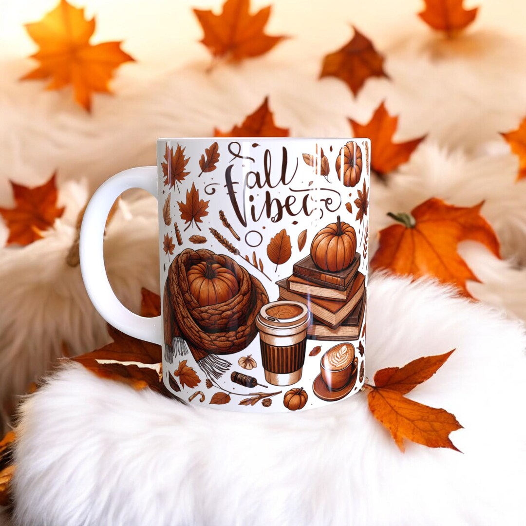 Fall Vibes Quote Mug, Cozy Autumn Coffee Cup, Fall Leaves, Pumpkins ...