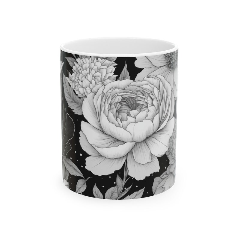 Black and White Flower Design Mug, Stylish Ceramic Coffee Cup, Elegant ...