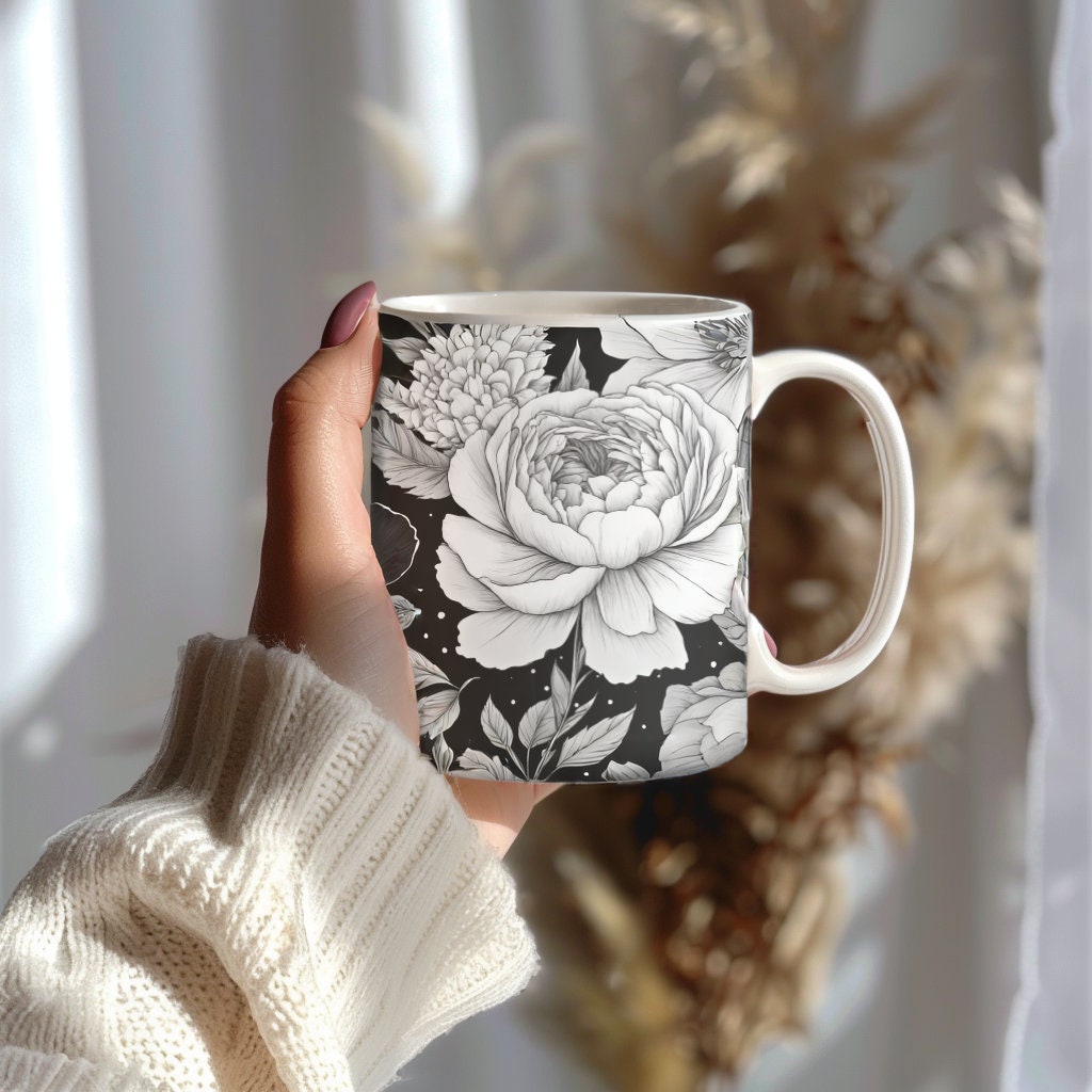 Black and White Flower Design Mug, Stylish Ceramic Coffee Cup, Elegant ...
