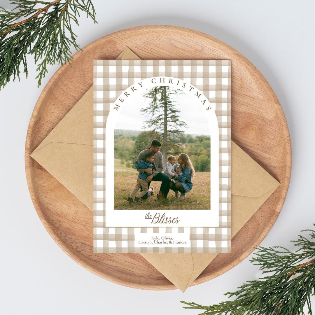Neutral Gingham Christmas Card Template - Etsy