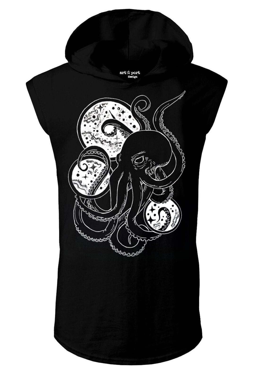 Octopus Kraken Design Screen Printing Unisex Hooded Sleeveless Black T ...