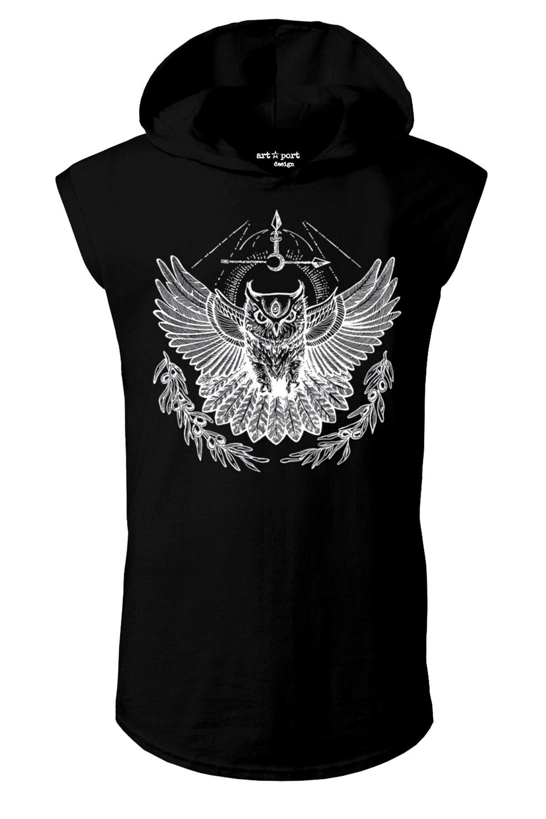 Minerva Owl Design Screen Printing Unisex Hooded Sleeveless Black T ...