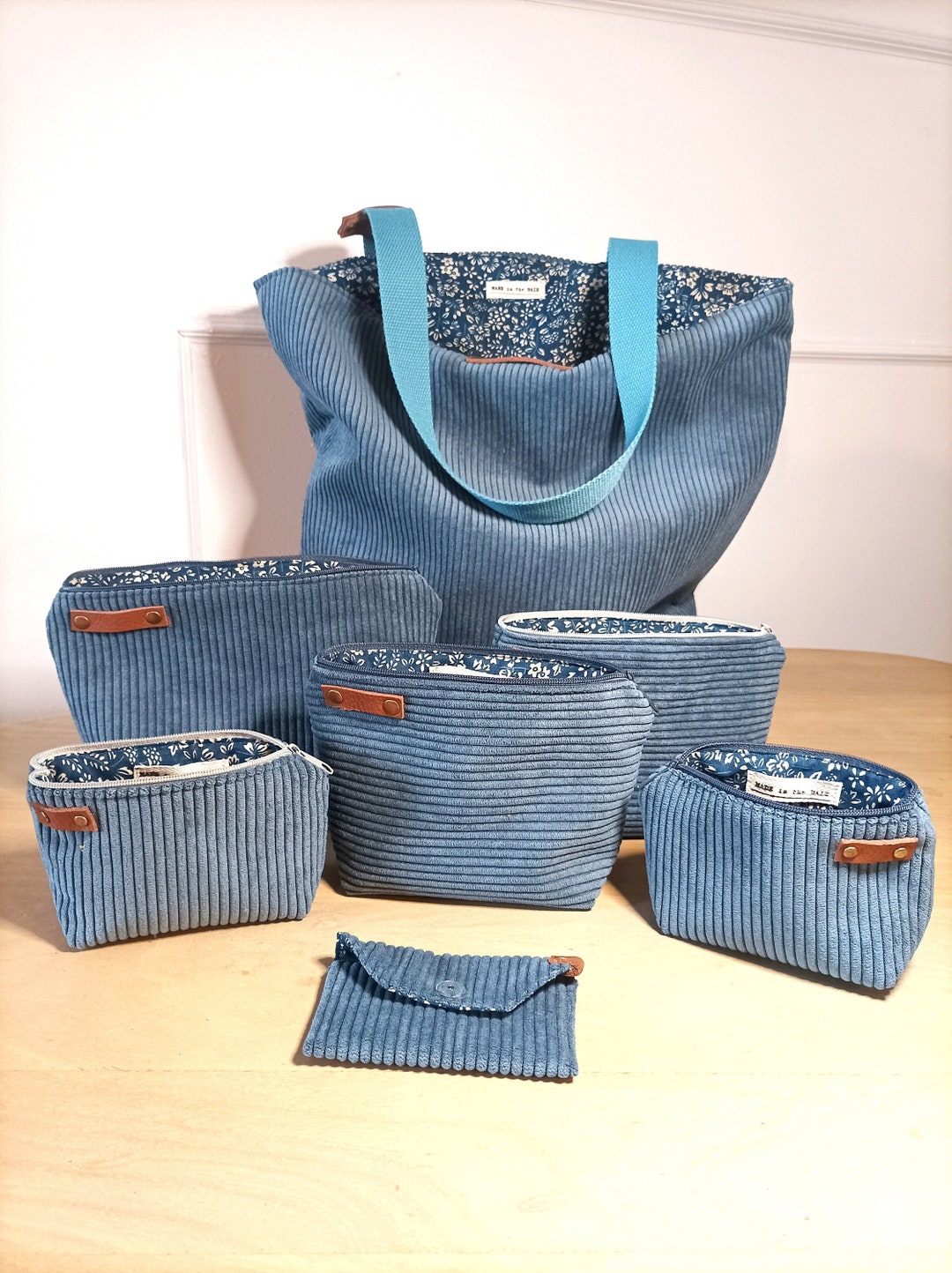 Pretty Gray Blue Corduroy Pouches and Bag Lined With Blue Floral Fabric ...