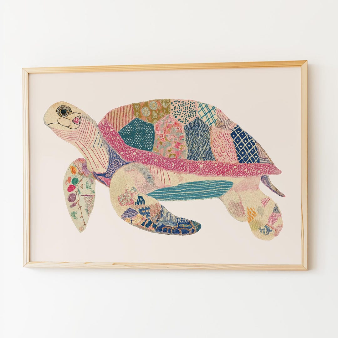 Boho Turtle Art Print With Whimsical Patchwork Pattern Details | Floral ...