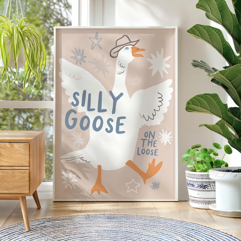 Silly Goose on the Loose Art Print | Whimsical Cowboy Hat Goose | Funny ...