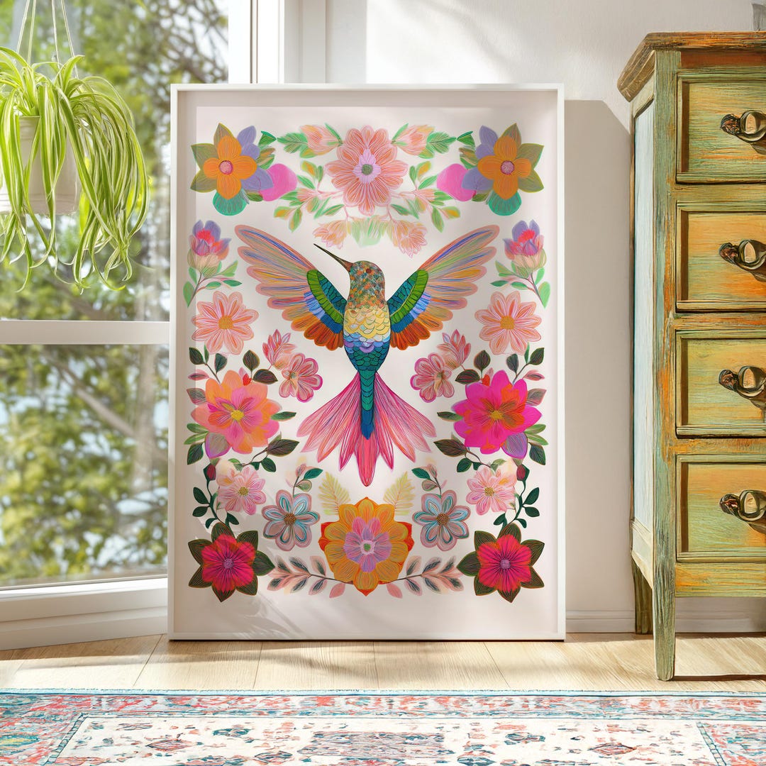 Colorful Hummingbird Wall Art Print – Vibrant Boho Floral Bird Poster ...