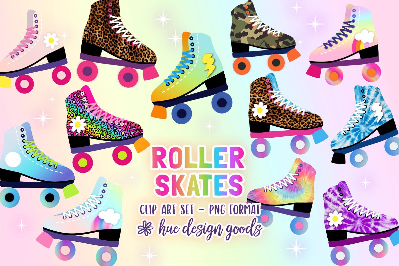 Kids Roller Skates Clipart Set Png Files Cute Rainbow Roller Skates ...