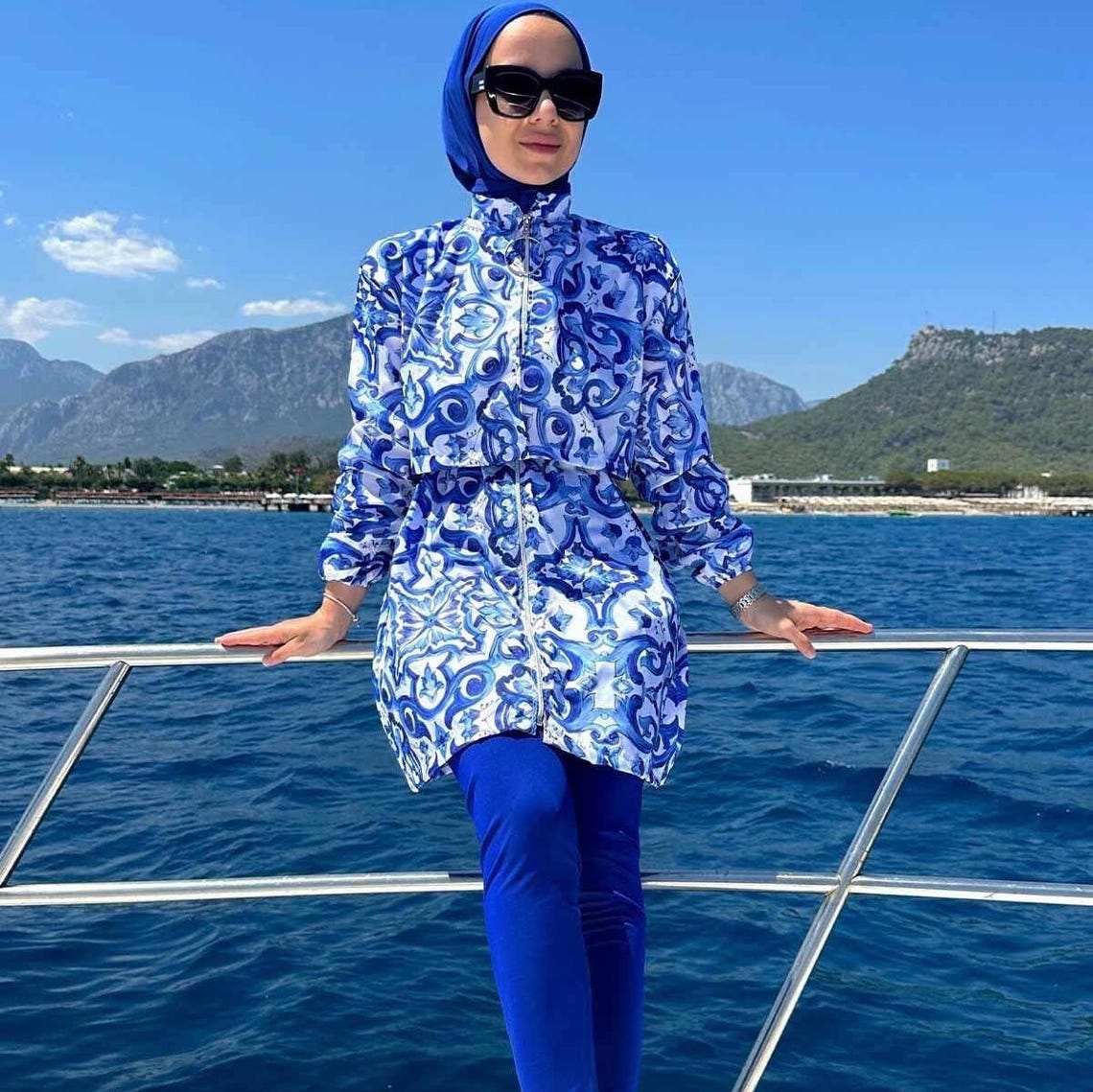 Blue Patterned Modest Hijab Swimsuit for Women, Full-cover Swimwear ...
