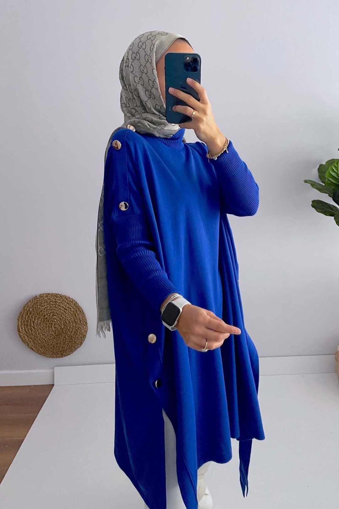 Sax Blue Buttoned Poncho for Women - Perfect Modest Wear - Elegant ...