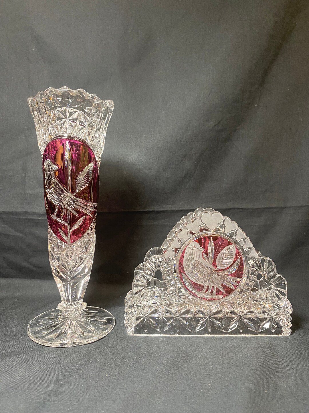 Vintage Hofbauer Byrdes Collection Ruby Crystal Vase and Napkin Holder ...
