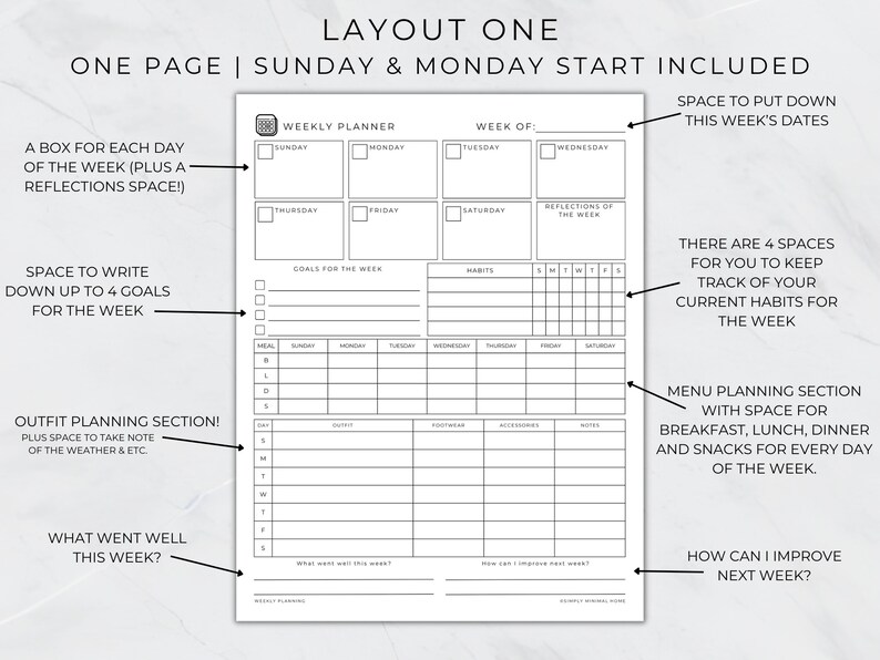2 Page Weekly Spread Printable, Minimalist Weekly Planner Page ...