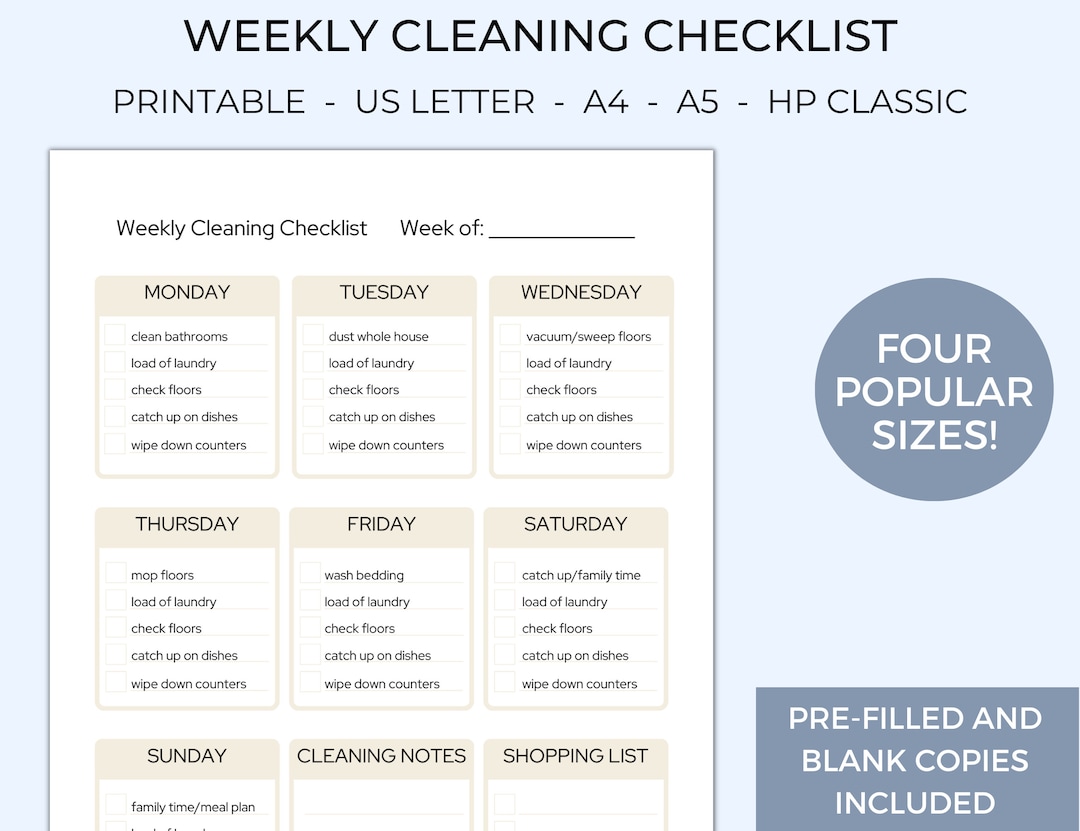 Weekly Cleaning Checklist, Weekly Cleaning Routine, Printable Cleaning ...