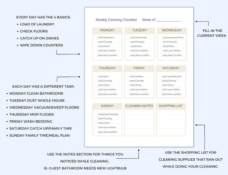 Weekly Cleaning Checklist, Weekly Cleaning Routine, Printable Cleaning ...