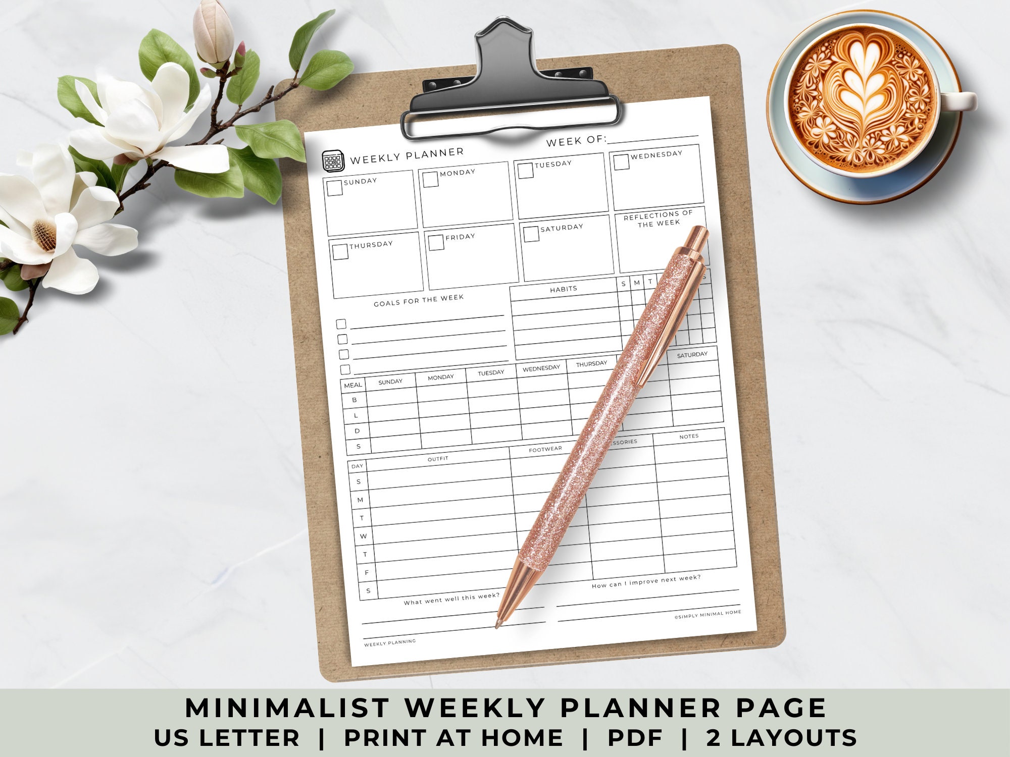 2 Page Weekly Spread Printable, Minimalist Weekly Planner Page ...