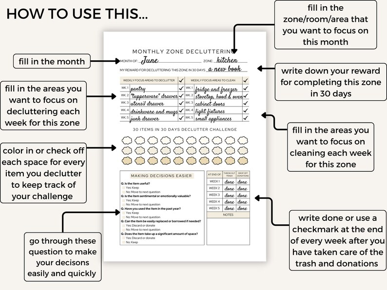 Declutter Checklist, Monthly Decluttering Challenge, Declutter Planner ...