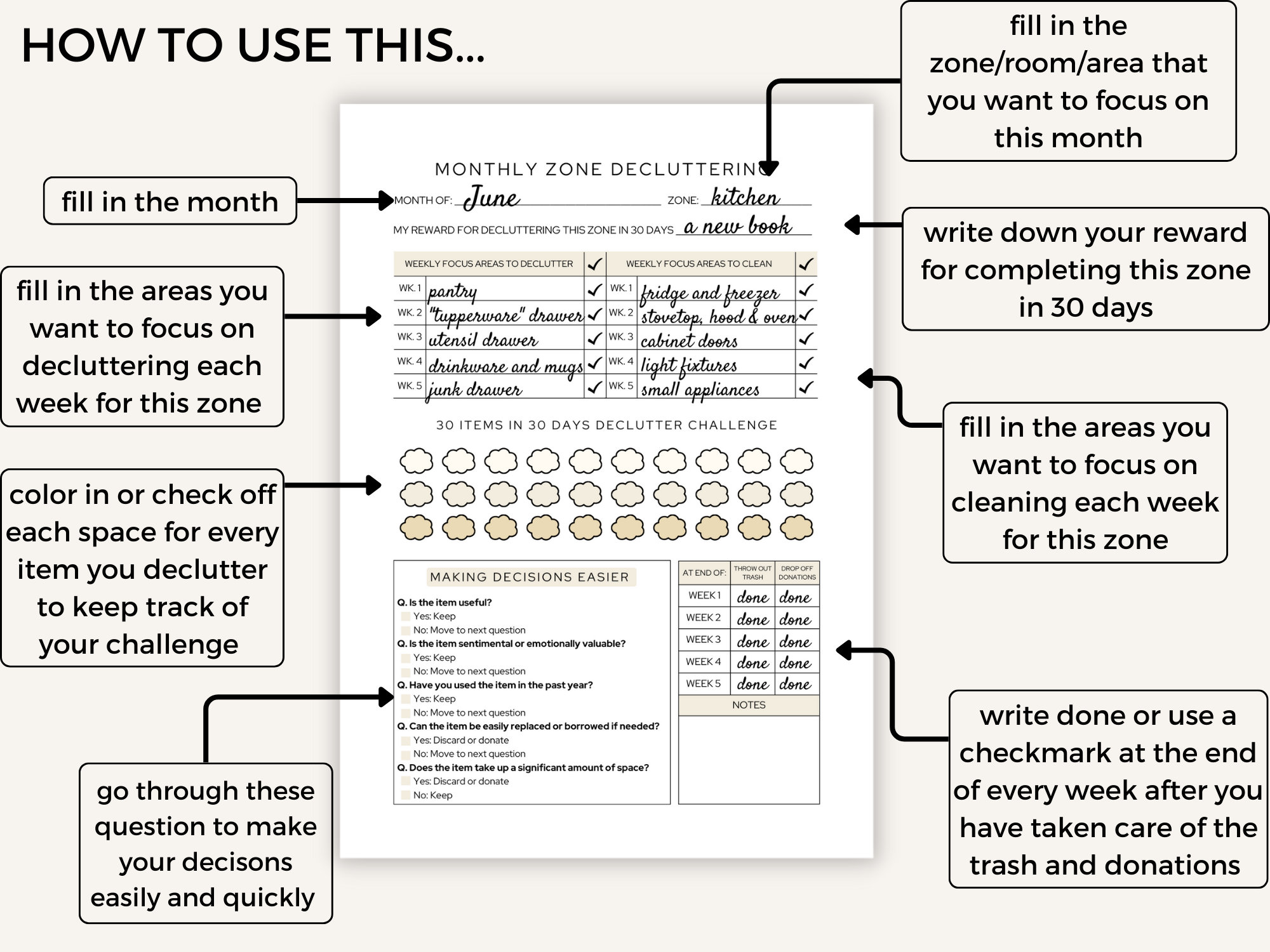Declutter Checklist, Monthly Decluttering Challenge, Declutter Planner ...