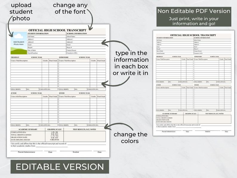 High School Transcript Template, Student Transcript Generator, Editable ...