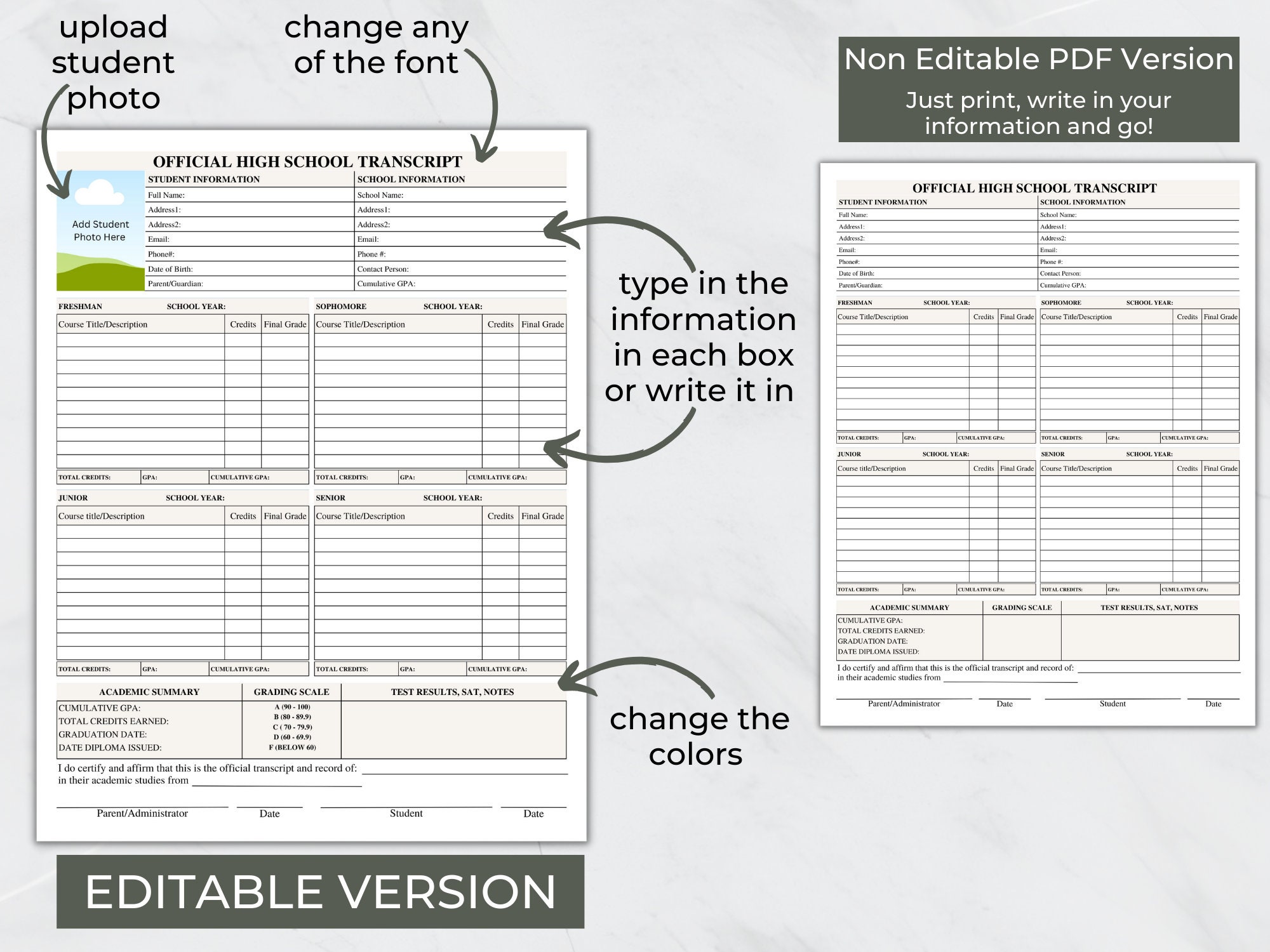 High School Transcript Template, Student Transcript Generator, Editable ...
