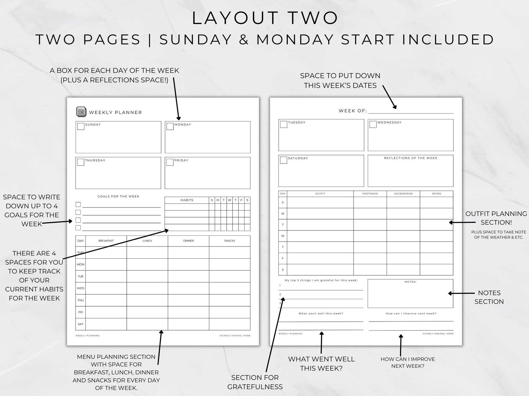 2 Page Weekly Spread Printable, Minimalist Weekly Planner Page ...