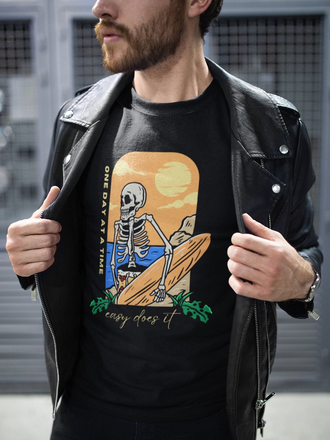 Easy Does It, One Day at a Time Surfing Skeleton - Unisex Jersey Short ...