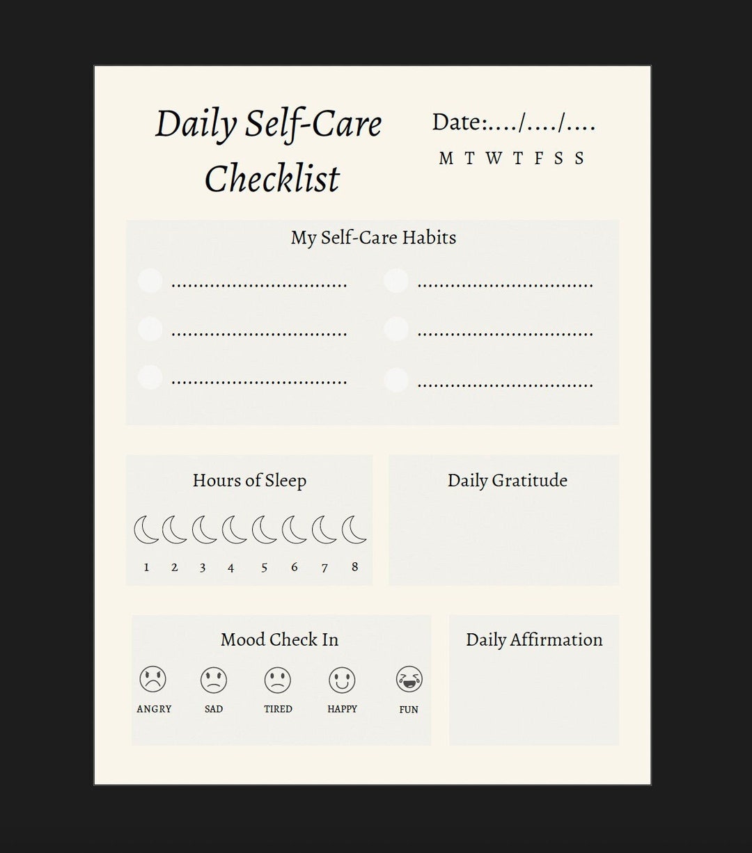 Daily Self Care Checklist Etsy