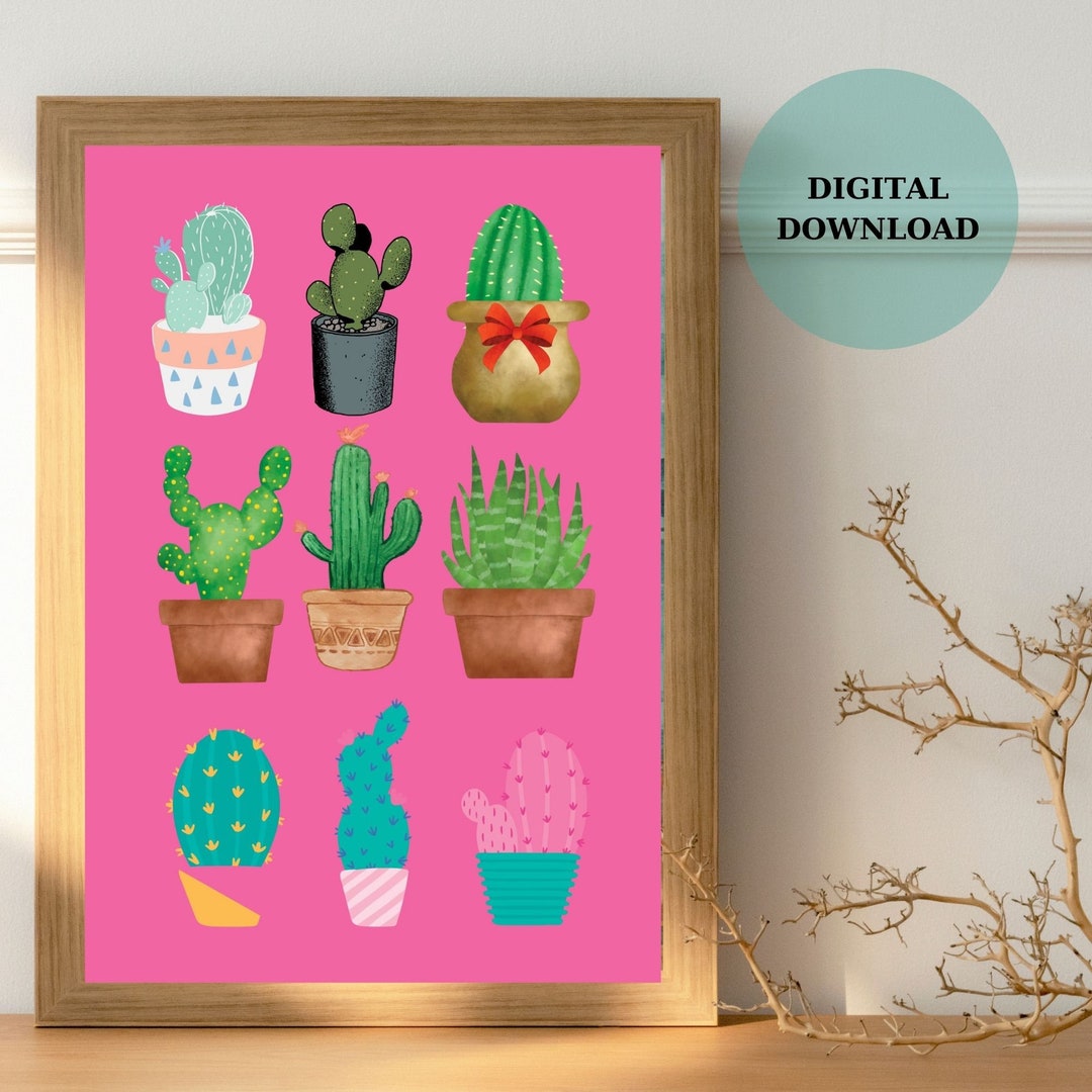Boho Cactus Digital Download, Cactus Digital Art, Cactus in Pink ...