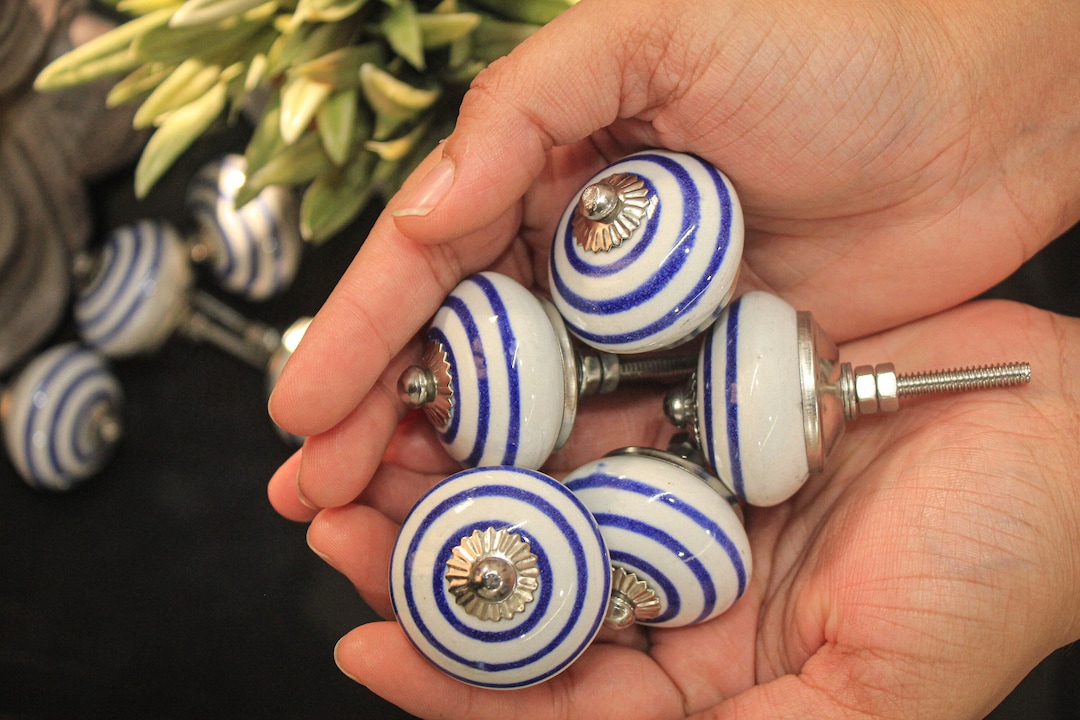 Blue and White Ceramic Knobs; Kitchen Cabinets, Wardrobe, Doors, Side Tables; Antique Knobs ...