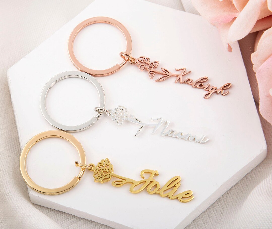 Birth Flower Keychain With Namemetal Keychaincustom Name - Etsy