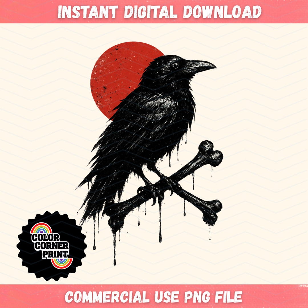 Gothic Raven PNG Design With Red Sun and Crossed Bones, Dark Aesthetic ...