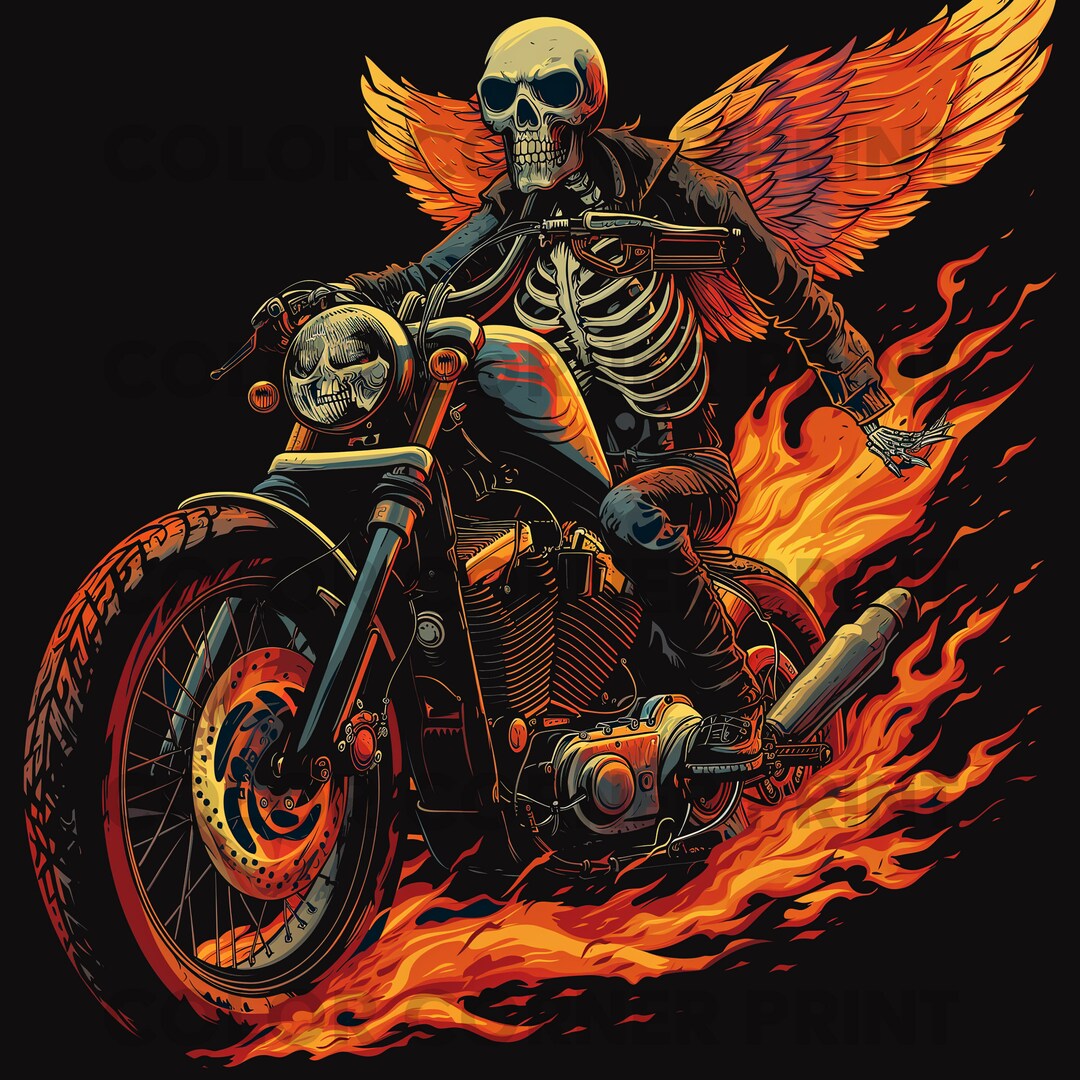 Winged Flaming Skull Biker T-shirt Design PNG Digital Download for ...