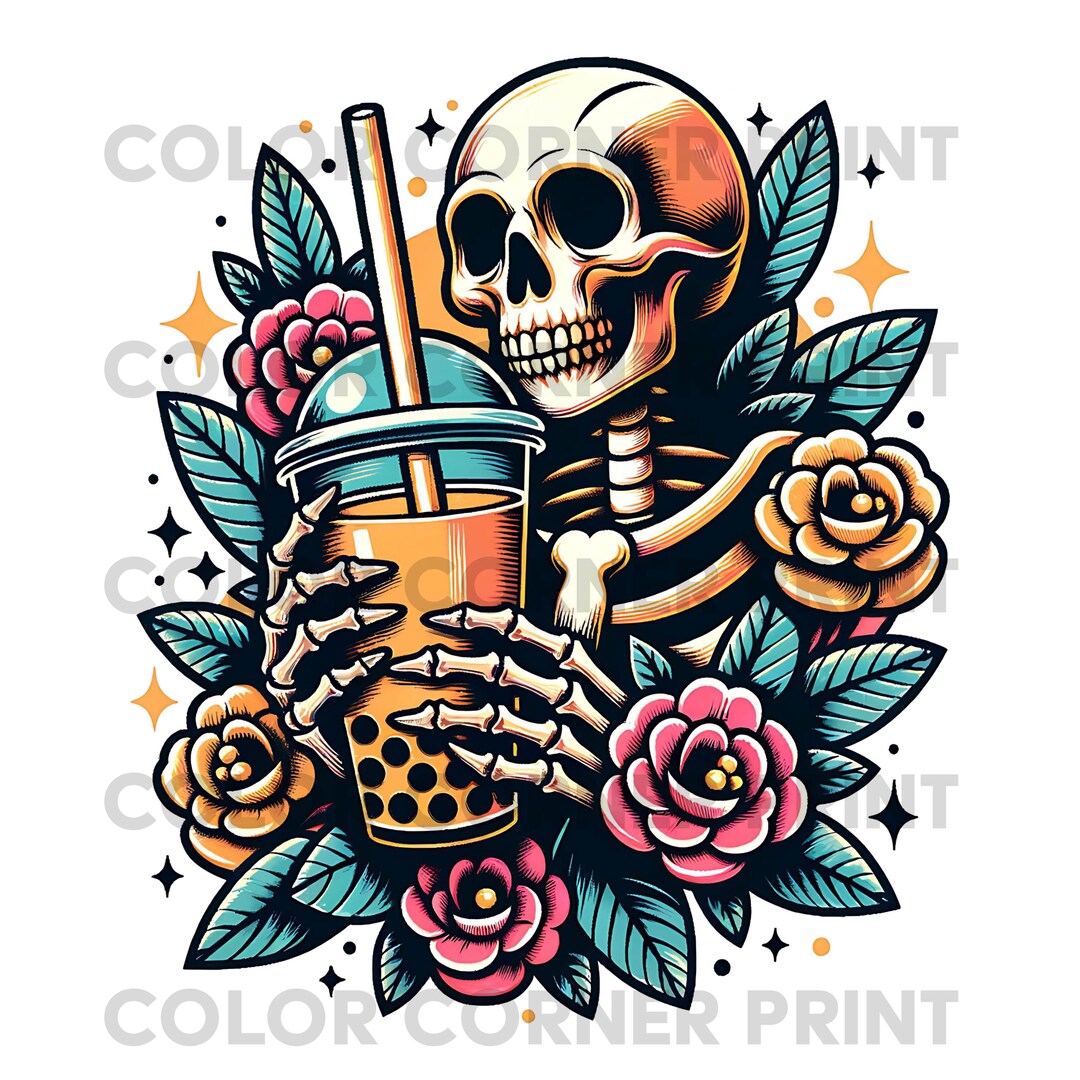 Skeleton Bubble Boba Tea PNG, Bubble Tea Watercolor Design, Bubble Tea ...