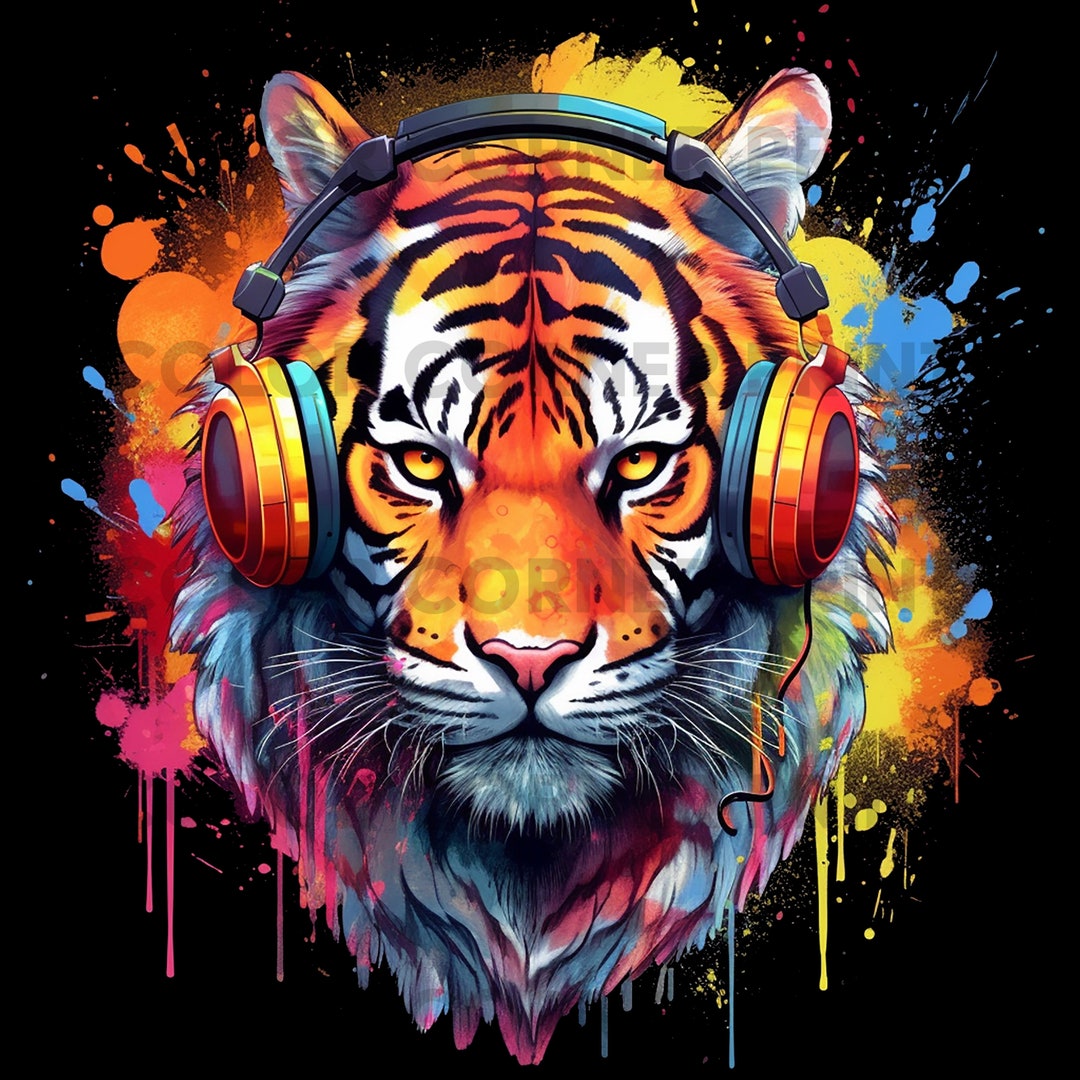 Tiger With Headphones Colorful Art Design PNG and JPEG Digital Download ...