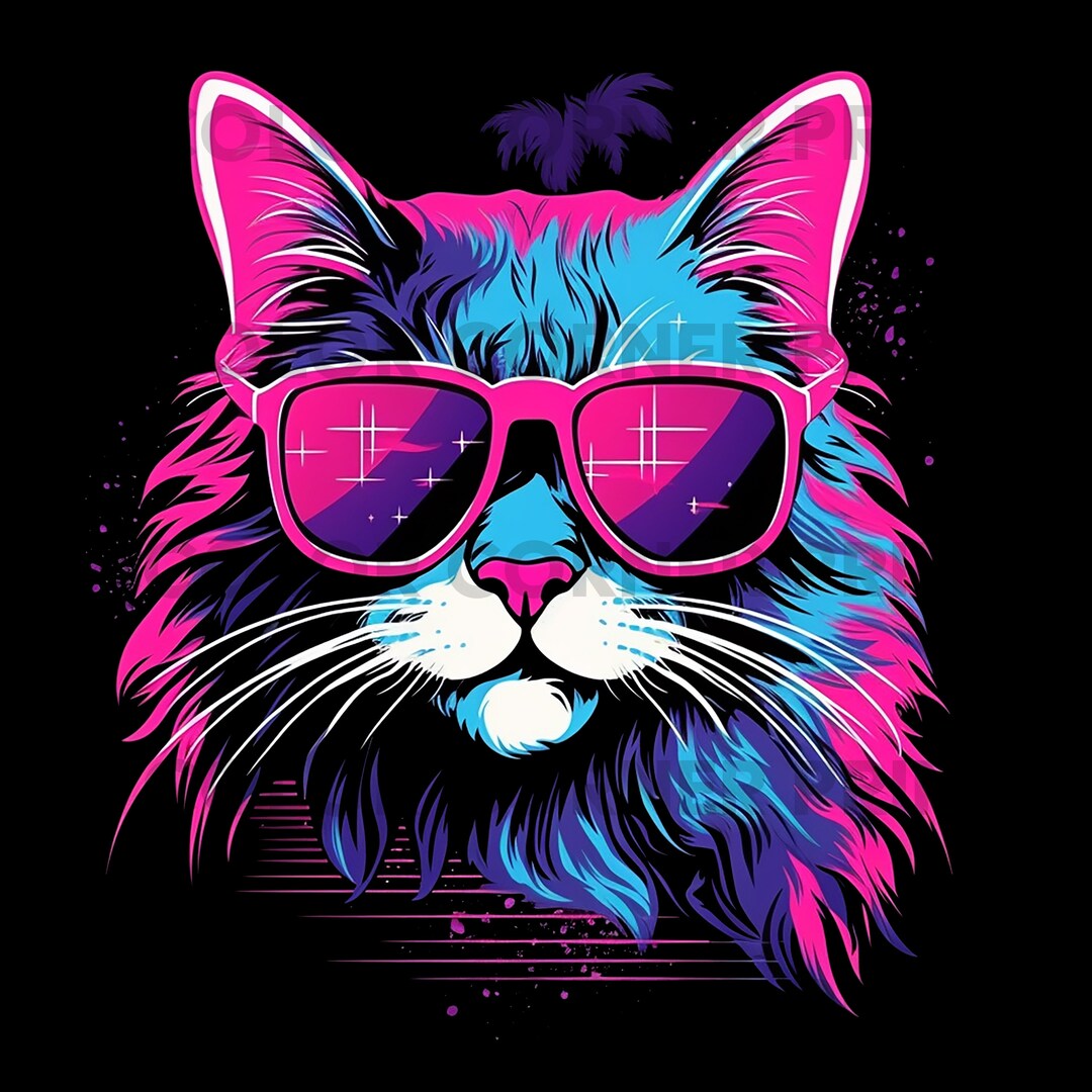 Cat With Sunglasses Retro Neon Design PNG and JPEG Digital Download for ...