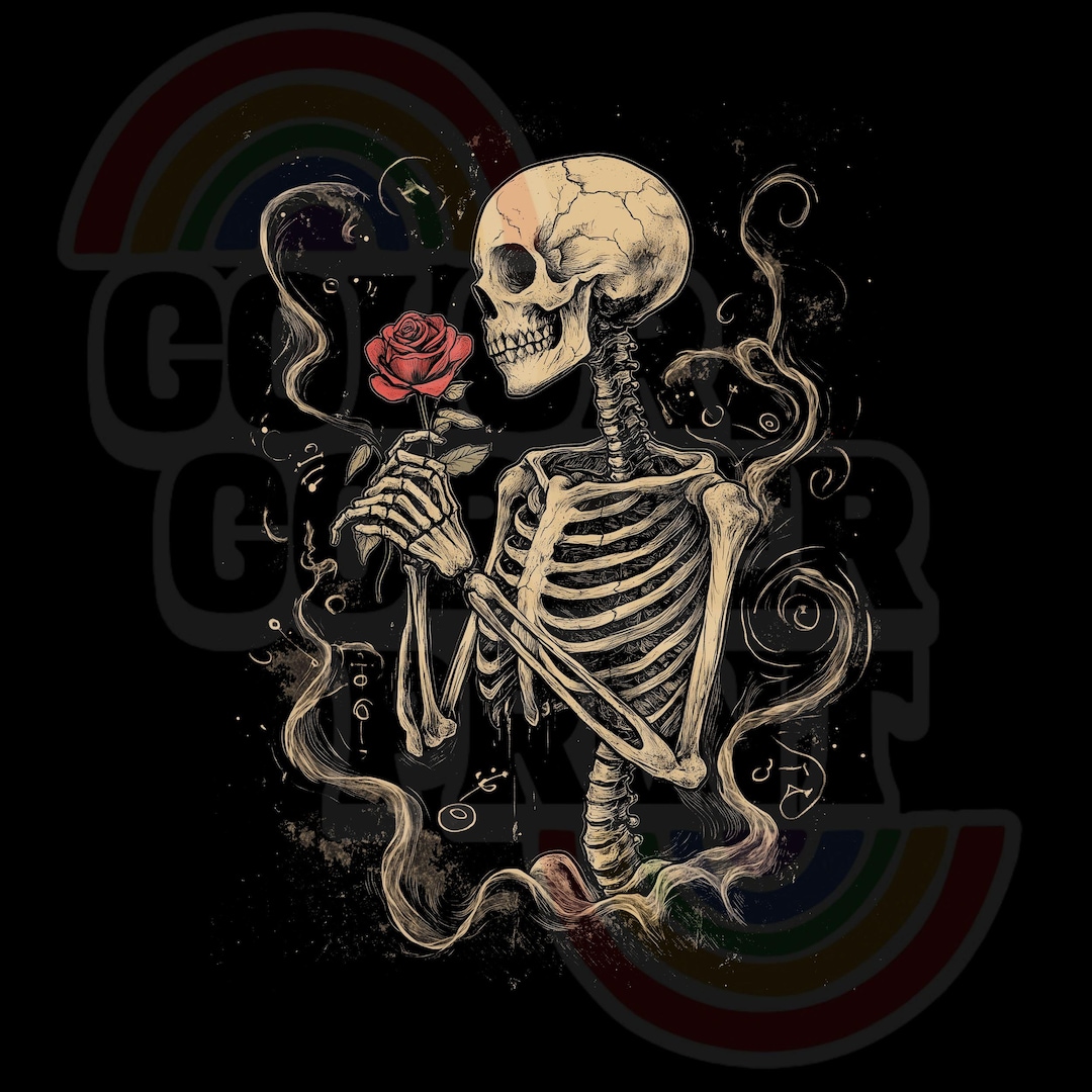 Skeleton Holding Rose Digital Art PNG, Gothic Skull Illustration ...