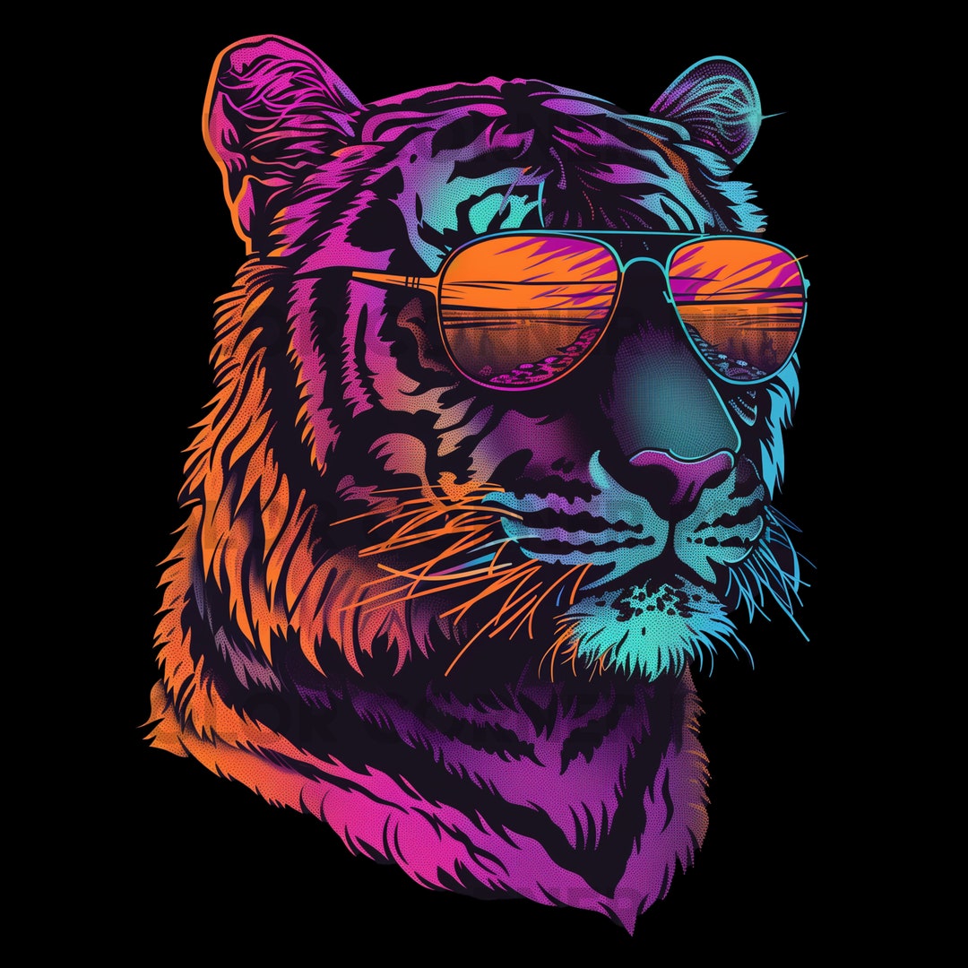 Tiger With Sunglasses PNG, Tiger T-shirt Design, Synthwave Tiger Png ...
