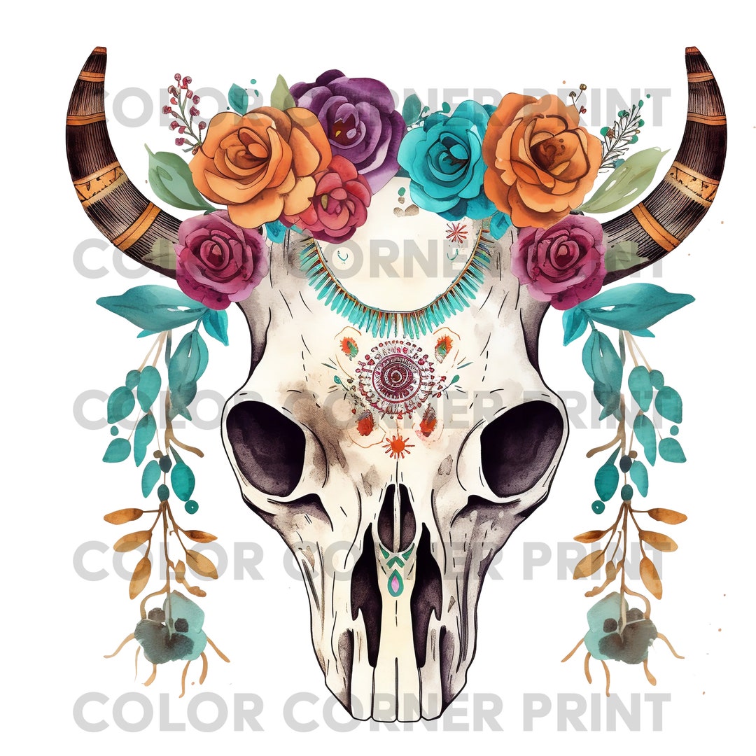 Boho Flower Cow Skull T-shirt Design PNG Digital Download for ...