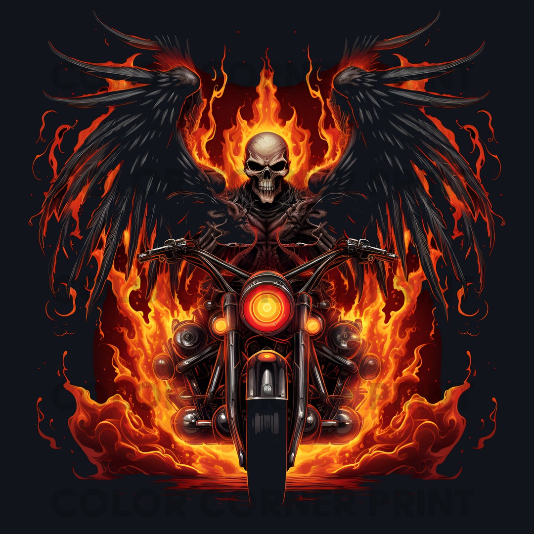 Winged Flaming Skull Biker T-shirt Design PNG Digital Download for ...