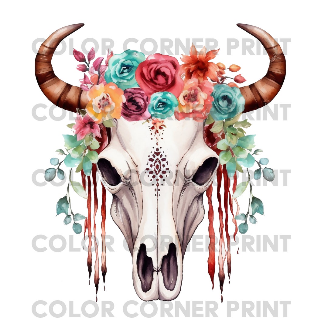 Boho Flower Cow Skull T-shirt Design PNG Digital Download for ...