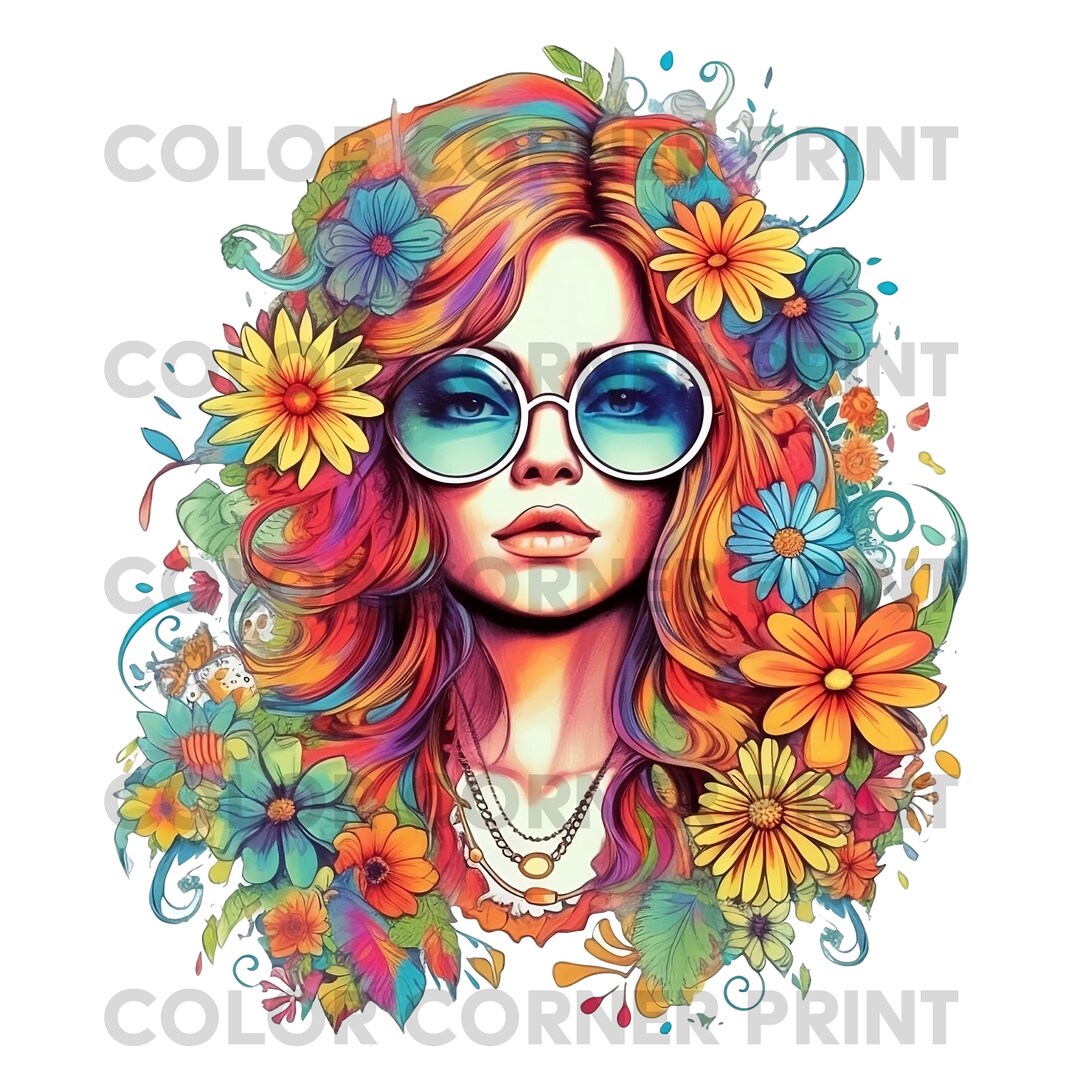 Hippie Woman Art PNG and JPEG Digital Download for Sublimation ...
