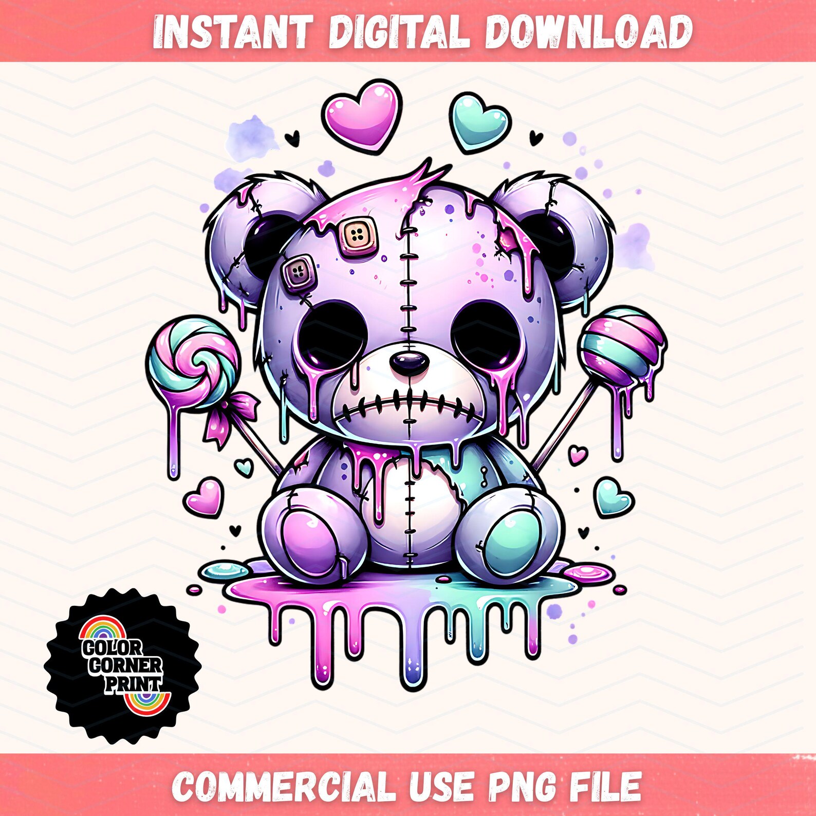 Creepy Cute Teddy Bear PNG, Pastel Goth Lollipop Bear Clipart, Dripping ...