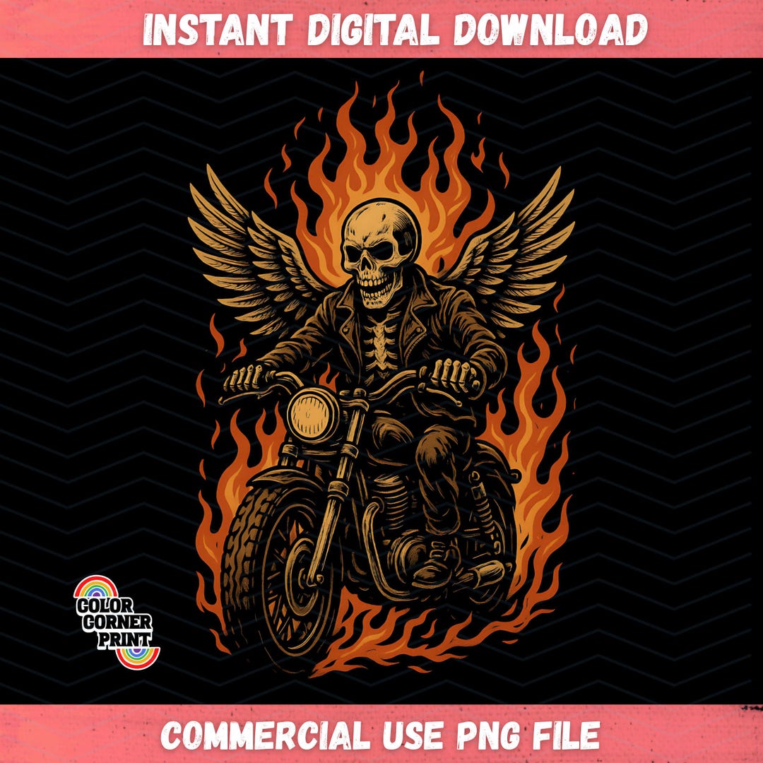 Flaming Skeleton Biker PNG, Winged Skull Motorcycle Digital Shirt ...