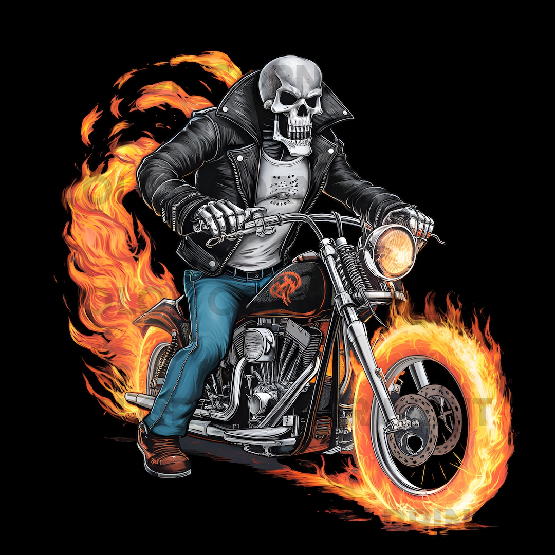 Skeleton Biker on Fire T-shirt Design PNG Digital Download for ...