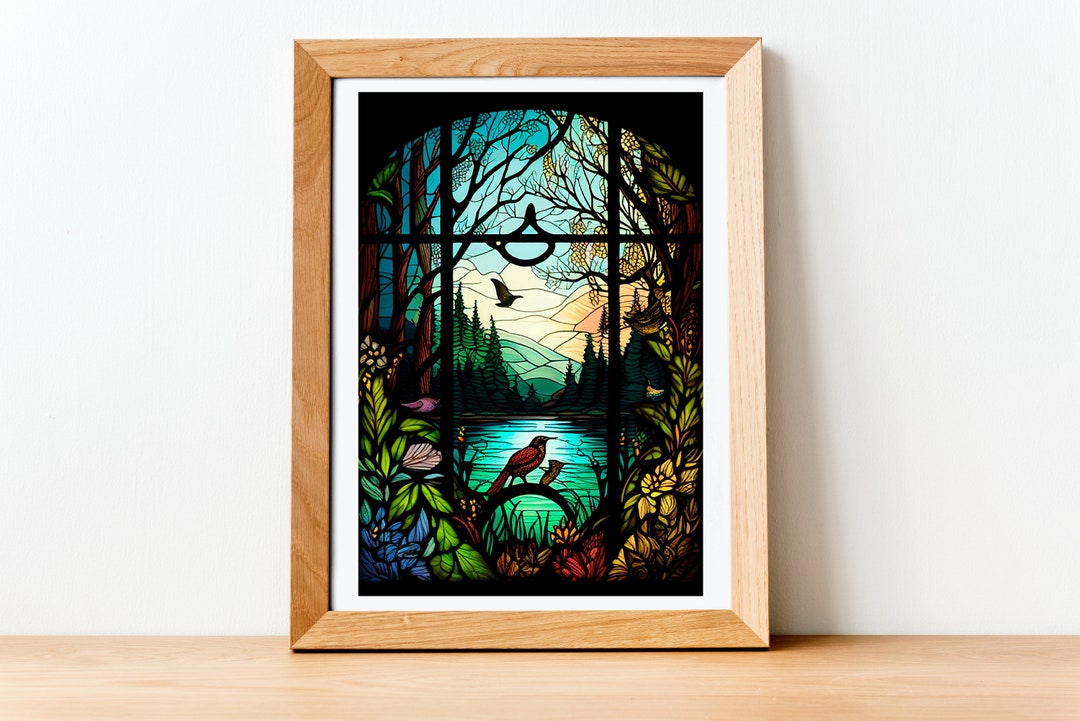 Stained Glass Nature Scene Digital Print Bird Print Landscape Art ...
