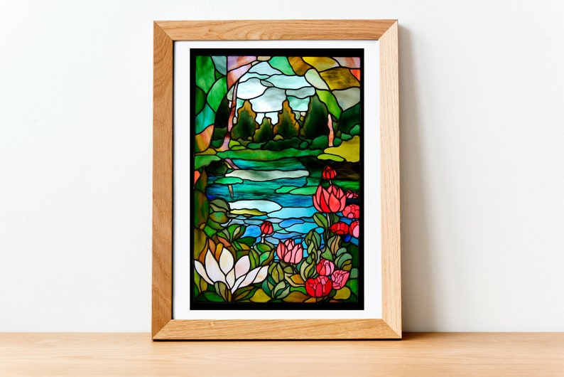 Stained Glass Nature Scene Digital Print Flower Print Lake Print ...