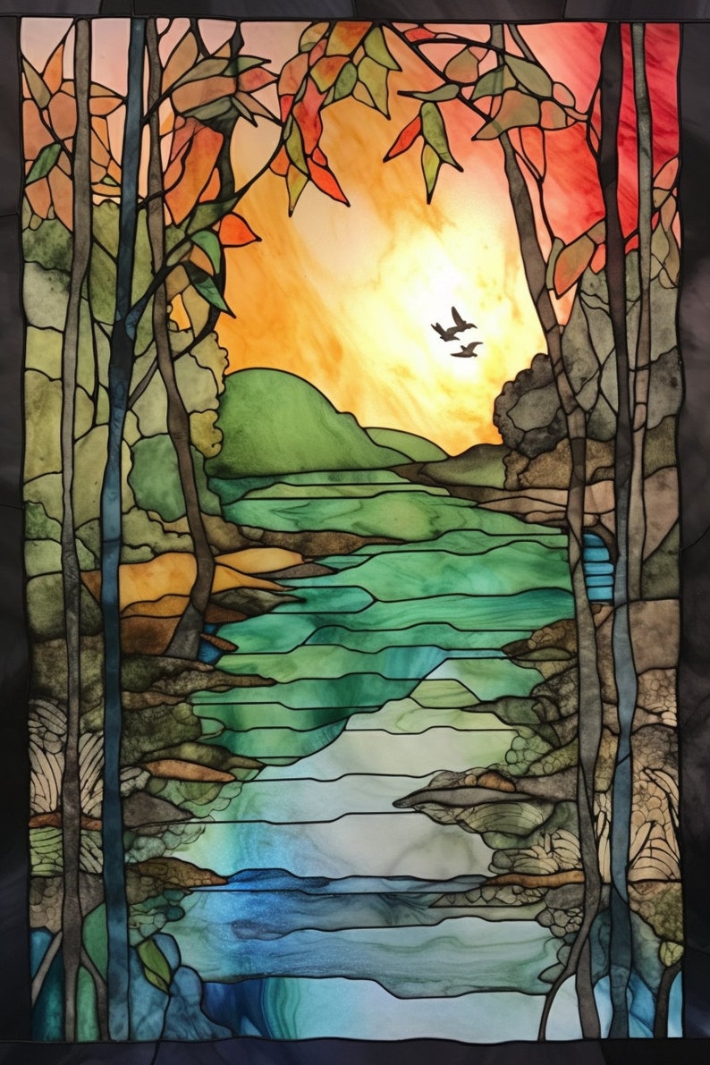 Stained Glass Nature Scene Digital Print Sunrise Print Landscape Art ...