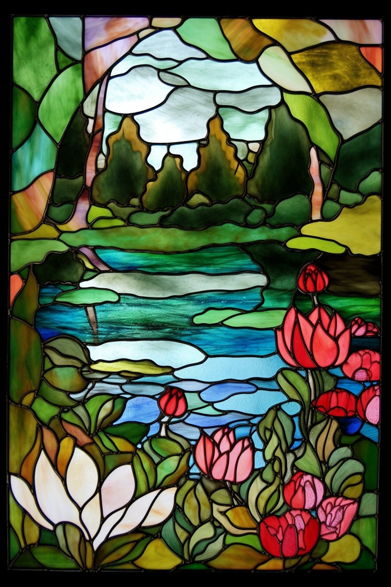 Stained Glass Nature Scene Digital Print Flower Print Lake Print ...