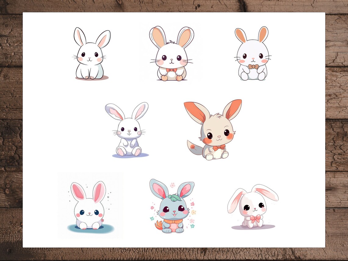 Kawaii Clip Art Set 8 Bunnies on White Background Personal - Etsy